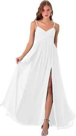 Generic Robe de demoiselle dhonneur en mousseline de soie avec poches et bretelles spaghetti et col en V avec fente, blanc, 54 Grande taille