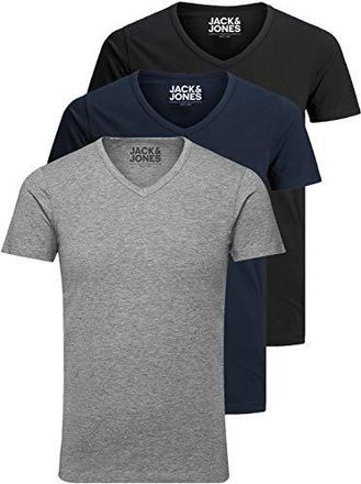 Jack & Jones Jack & Jones Lot de 3 t-shirts basiques &agrave; col en V pour homme, Couleur unie, Coupe slim, en blanc, noir, bleu, gris, M&eacute;lange de couleurs 3., XXL
