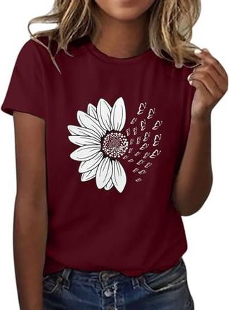 Generico T Shirt Femme Manches Courtes Coton, Tee-shirt Encolure d&eacute;gag&eacute;e &Eacute;t&eacute; Chemise &Eacute;l&eacute;gant Fleurs Imprimer Tricot D&eacute;contract&eacute; &Eacute;t&eacute; Chemise Base Tee Blouse Gra