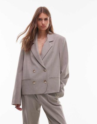 Asos Kastig geschnittener Blazer in Braun mit Fischgrätmuster-Brown