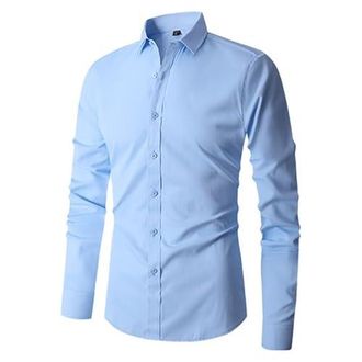 Generic Chemise &eacute;lastique &agrave; manches longues pour homme - Sans repassage - Manches longues - Revers - Couleur unie - Bouton - Chemise l&eacute;g&egrave;re &agrave; manches longues 