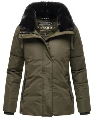 Navahoo warme Damen Winterjacke Steppjacke mit (abnehmbarem) Kunstfellkragen Frostii XIV Dark Olive Gr. 3XL