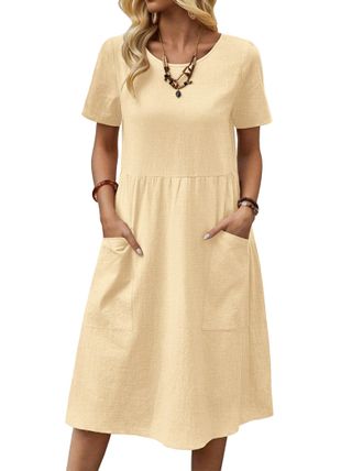 Zeagoo Sommerkleid Damen Leinen Casual Kleid Baumwolle Kleider Sommer Rundhals Strandkleid Kurzarm Tunika Kleid mit Taschen Beige XL
