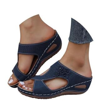 Generic Sandales orthop&eacute;diques compens&eacute;es pour femme - Sandales larges pour femme - Sandales et sandales compens&eacute;es &agrave; bout ouvert pour femme, Bleu marine, 35.