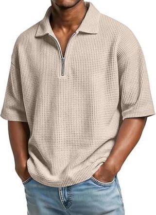 Generic Polo de sport pour homme avec fermeture &eacute;clair quart de fermeture &eacute;clair - Couleur unie - Haut gaufr&eacute; uni - T-shirt de sport &agrave; manches courtes - T-shi