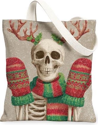 Generic Sacs fourre-tout en toile motif squelette de No&euml;l, sacs d&eacute;picerie r&eacute;utilisables, vintage, l&eacute;gers et lavables, toile pour voyage, plage, pique-nique, 3