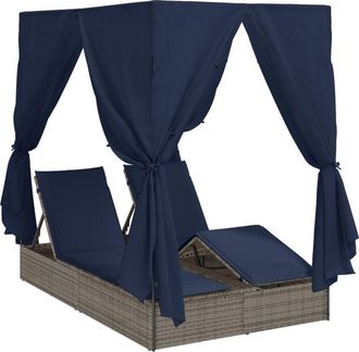 vidaXL Vidaxl - Doppelliege mit Vorhängen Verstellbar Grau Groß Rattan & Polyesterkissen