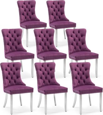 Generic Esszimmerstuhl-Set Aus Leder - Stühle Mit Hoher Rückenlehne, Knopfheftung Und Beinen Aus Massivholz(Silver-Purple,8)