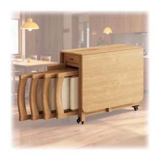 Generic Foldable Dining Table Set, Portable Wood Table with 4 Leather Chairs & Storage, Design Dinette for Kitchen Living Room