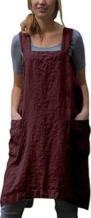 ORANDESIGNE Tablier à Bavette en Lin Robe Mi-Longue Femmes sans Manches Couleur Unie Croisé Licou Tablier Mini Robes Lâche Longue Chemise Débardeurs avec Poches T