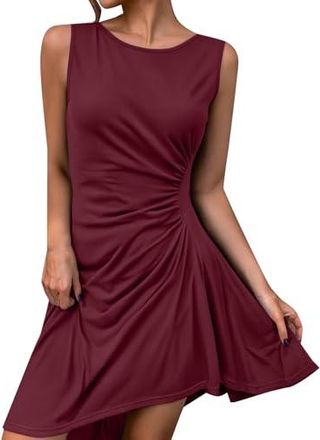 Generic Robe amincissante d&eacute;t&eacute; sans manches pour femme - Taille fronc&eacute;e - Coupe trap&egrave;ze fluide - Robe de cocktail mi-longue, bordeaux, XXL