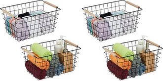 Relaxdays Drahtkorb, 2er Set, Metall, Holzgriffe, HxBxT 16 x 31 x 21 cm, eckiger Aufbewahrungskorb, Bad & K&uuml;che, schwarz (Packung mit 2)