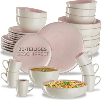 TecTake 30tlg. Kombiservice 6 Personen, Steingut Geschirrset 6 Personen, handgefertigtes Teller Set mit Sch&uuml;sseln und Tassen, Geschirr Set sp&uuml;lmaschinen- und 
