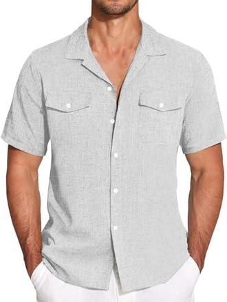 Generic Chemise &agrave; manches courtes en lin pour homme - S&eacute;chage rapide - Coupe droite - Col en V - Avec poche de poitrine - En mousseline, Blanc., 4XL