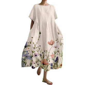 Generico Robe en Lin Femme Large &Eacute;l&eacute;gant D&eacute;contract&eacute; Robes en Lin Boho Longue Confortable V&ecirc;tements d&Eacute;t&eacute; Grande Taille Printemps Vacances Robe Boho &Eacute;lastique V