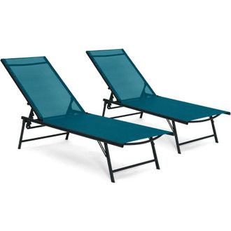 IDMarket Lot de 2 transats de jardin inclinables KAILUA en acier gris anthracite et toile bleu canard