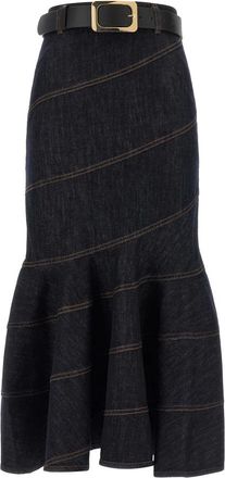 Self Portrait Femme, Jupes, Bleu, Taille: 40 FR Jupe Midi Ceintur&eacute;e en Denim Indigo