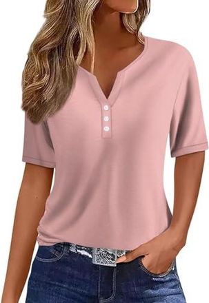 Generic Tee Shirt Femme Col V T-Shirt Manches Courtes Haut Ete Basique Top Elegant avec Bouton