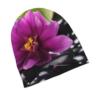 Generic Casquette De Crâne À Revers Fleur Violette avec Pierre Noire Bonnet Thermo Thermique Doux Bonnet pour Sport Temps Froid Shopping