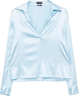 Tom Ford Femme, Blouses et Chemises, Bleu, Taille: 34 FR Polo en Satin de Soie Stretch avec Logo Brod&eacute; Tonal