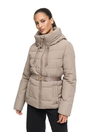 Marikoo Damen Winterjacke (XS-XXL) - gesteppt, mit Kapuze, Tailleng&uuml;rtel - N073 - TaupeGrey Gr&ouml;&szlig;e XS - Gr.XS