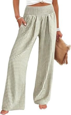 Lazutom Pantalon palazzo l&eacute;ger vichy &agrave; jambe large pour femme - Taille haute smock&eacute;e - &Agrave; enfiler avec poches, vert clair, X-Small