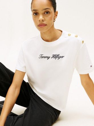 Tommy Hilfiger Kurzarmshirt GOLD BTN SCRIPT MDRN SS TEE mit goldfarbenen Kn&ouml;pfen