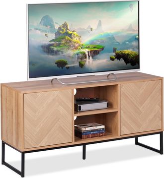 Relaxdays TV Lowboard, Retro-Design, HBT: 60 x 120 x 38 cm, Holzoptik, Metall, 4 F&auml;cher, Fernsehtisch, Hellbraun/schwarz