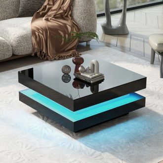 STILVORA Table Basse Carr&eacute;e avec LED Bluetooth App et USB, Laqu&eacute; Brillant et tyle Moderne, en Panneau de Particules, 70&times;70&times;36 cm, Noir