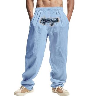 Generic Pantalon long en lin pour homme - Pantalon de plage avec imprim&eacute; - Pantalon d&eacute;t&eacute; avec taille &eacute;lastique - Pantalon de loisirs - Pantalon en tissu respi