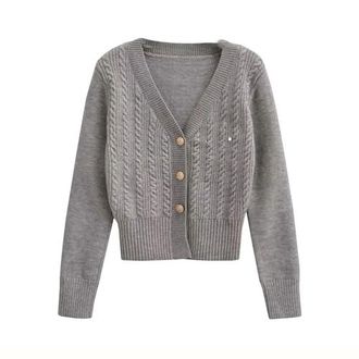 Generic Cardigan en tricot torsad&eacute; &agrave; manches longues et col en V pour femme Bleu marine, gris, Taille XS