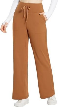 Baleaf Pantalon de survêtement pour femme - Pantalon de yoga à jambe large avec poches - Taille haute - Cordon de serrage - Confortable, marron, S