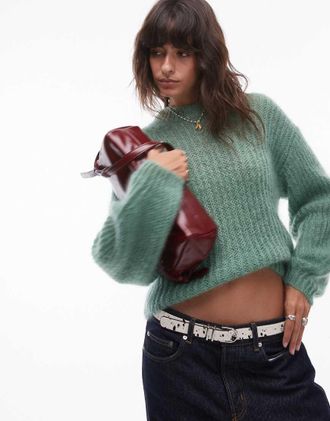 Topshop Hochwertiger, gerippter Pullover in Gr&uuml;n mit 70% Mohair-Anteil und lockerem Schnitt