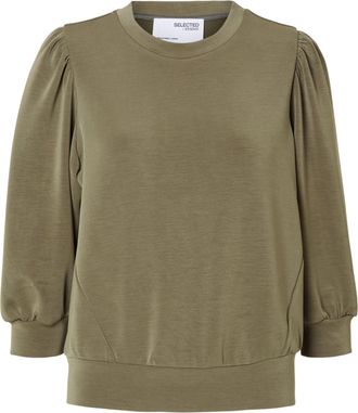 Selected Damen Bluse locker geschnitten Rundhalsausschnitt 3/4 Puff&auml;rmel modisch, Farben:Olive, Gr&ouml;&szlig;e:XL