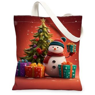 Generic Sac fourre-tout en toile motif bonhomme de neige de No&euml;l, sac de courses r&eacute;utilisable, amusant, l&eacute;ger, lavable, Rouge, 13x15 Inch