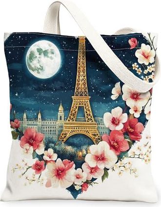 Generic Sacs fourre-tout en toile motif floral de Paris, sacs d&eacute;picerie r&eacute;utilisables, l&eacute;gers et lavables avec bandouli&egrave;re 33 x 38 cm