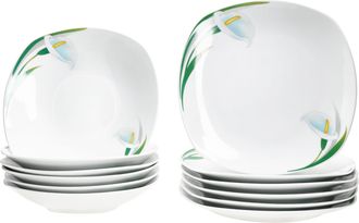 MamboCat 12tlg Tafelservice White Calla I Florale stilvolle Porzellan-Geschirr mit Blumen-Dekor für 6 Personen I 6X Suppenteller & 6X Speiseteller für Frühstüc