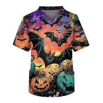 Generic T-shirt dHalloween pour homme, chemise à manches courtes pour homme, col en V, imprimé Halloween, poche sur la poitrine, haut confortable, respirant, 