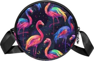Generic Petit sac &agrave; bandouli&egrave;re circulaire pour femme, motif flamants roses, sac &agrave; dos &agrave; bandouli&egrave;re r&eacute;glable avec fermeture &eacute;clair, sac &agrave; main rond d&eacute;contrac
