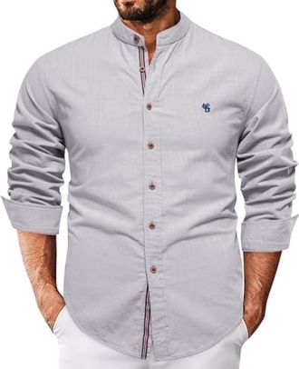 Generic Chemise formelle pour homme &agrave; manches longues en coton et lin Henley pour printemps et automne - Chemise d&eacute;contract&eacute;e &agrave; boutons - Couleur unie - Coupe