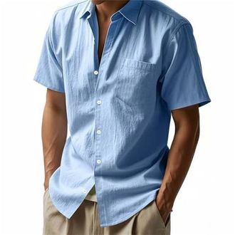Generic Chemises en lin pour homme - Chemises blanches d&eacute;contract&eacute;es en coton - Chemise de plage en lin pour homme - Chemise longue blanche en coton - Polo &agrave; 