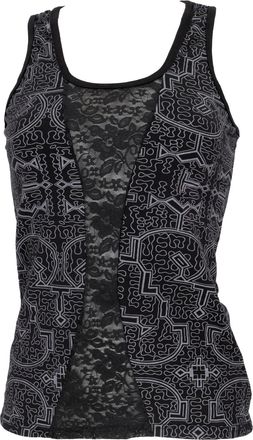 Guru Shop Goa Psytrance Tank Top mit Spitze, YogaTop - Schwarz/grau, Damen, Baumwolle, Size:M