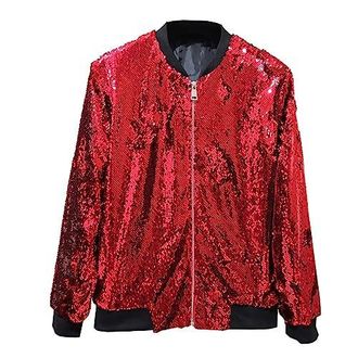 Generic Will Manteau pour femme &agrave; paillettes et manches longues et fermeture &eacute;clair, veste pilote dHalloween manteau &agrave; pois pour femme, rouge, 3XL
