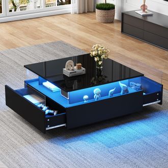 Merax Couchtisch in Hochglanz Schwarz, quadratischer Wohnzimmertisch mit LED Beleuchtung, Kaffeetisch mit 2 Schubladen und Transparenter Ausstellungsbereich