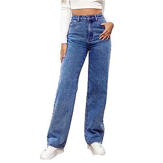 Generic Jean Femme Taille Haute Coupe Droite Straight Jeans Baggy Jambes Larges amincissantes avec Tous Les Pantalon Automne Hiver Elastique Classique en Deni