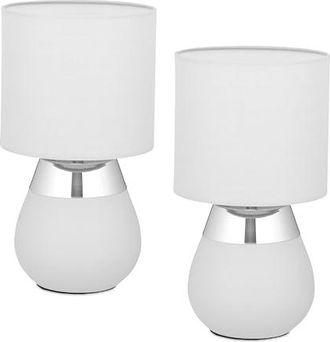 Relaxdays Tischlampe, 2er Set, Metallfuß, Stoffschirm, E14, H x D: 32 x 18 cm, Nachttischlampe mit Kabel, grau/Silber