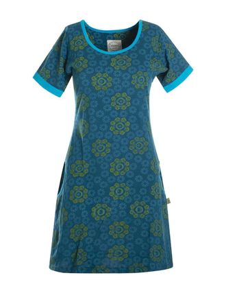 vishes Alternative Bekleidung - Kurzarm Damen Hippie T-Shirt Kleid Blumen Tunika Jerseykleid Baumwolle t&uuml;rkis 46-48
