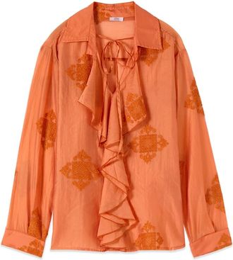Oltre Femme, Blouses et Chemises, Orange, Taille: 40 FR Blouse en m&eacute;lange de lyocell avec broderie