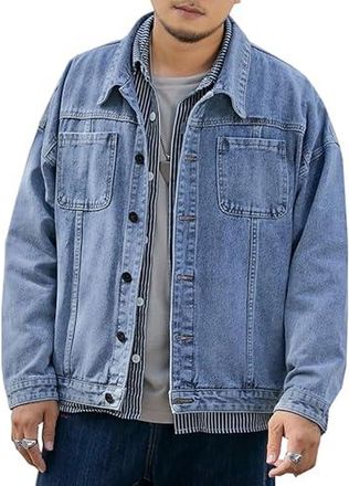 Generic Denim Jacket for Men Plus Size Trucker Denim Jacket Button Front Hooded Casual Long Sleeve Jean Coat Light Blue 8X Large