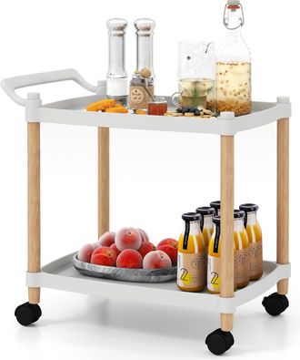 Giantex Servierwagen mit 2 Ebenen, multifunktionaler Rollwagen mit Griffen & Rädern mit Bremse, 50 x 33,5 x 52,5cm Druckertisch mobil, Küchenwagen für Küche, 